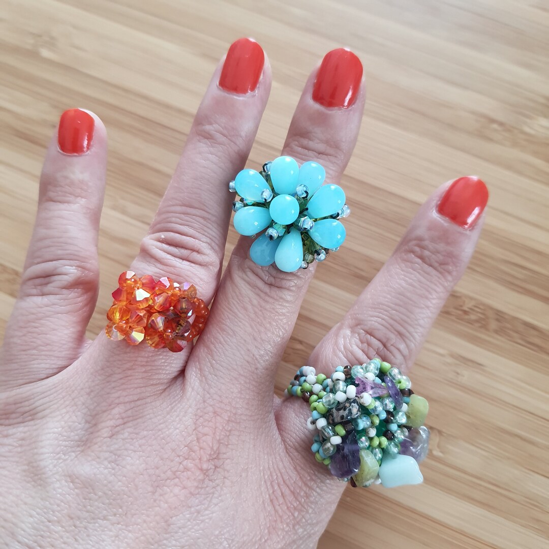Vintage Set of 3 Handmade Beaded Rings Statement Ring - Etsy