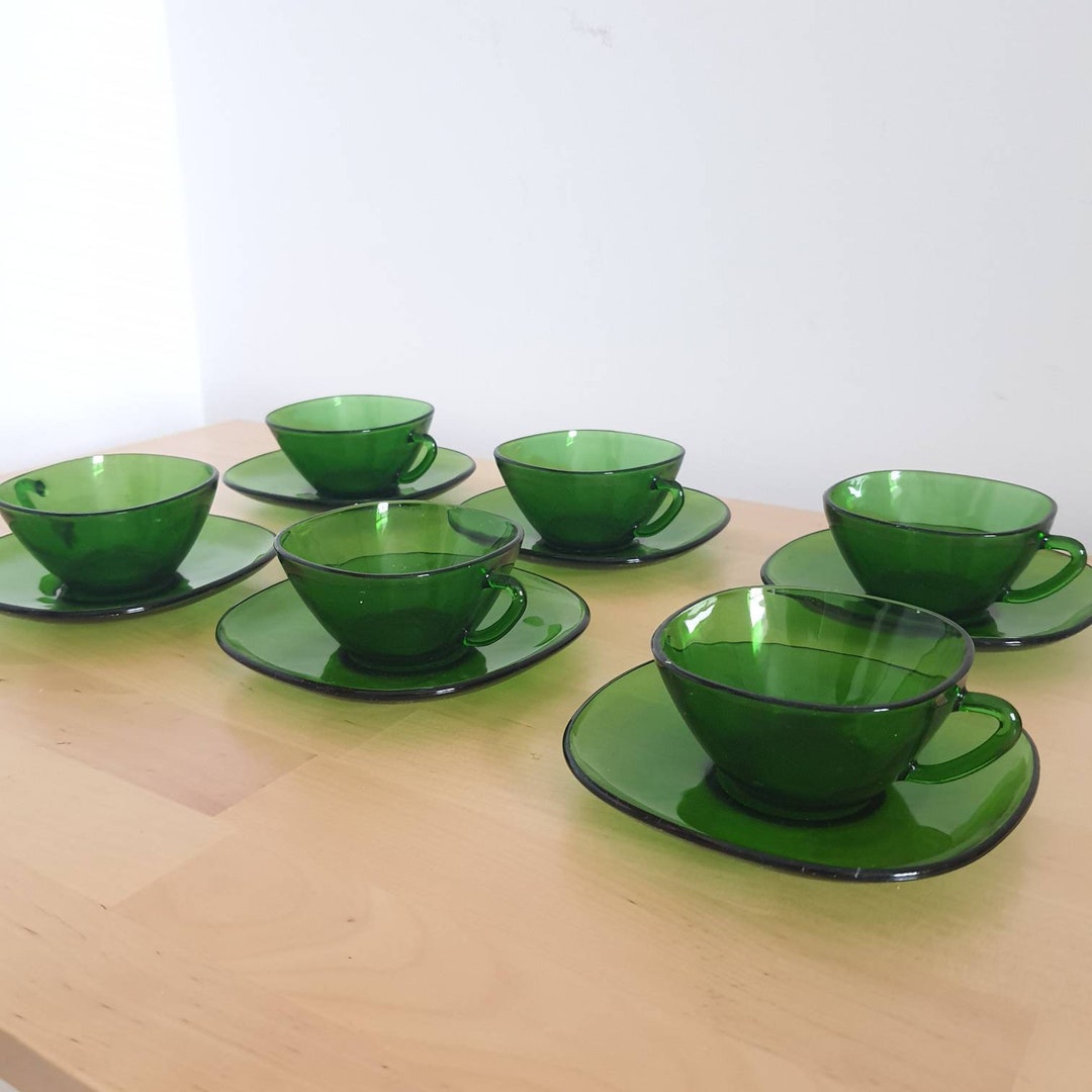 Vintage Emerald Green Glass Teacups or Coffee Cups With Saucers Vereco ...