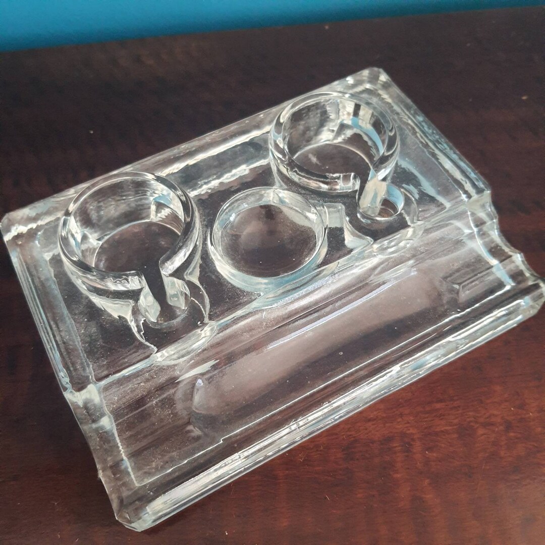 Vintage Pressed Glass Dual Inkwell Desk Organizer for Ink Fountain Pen ...