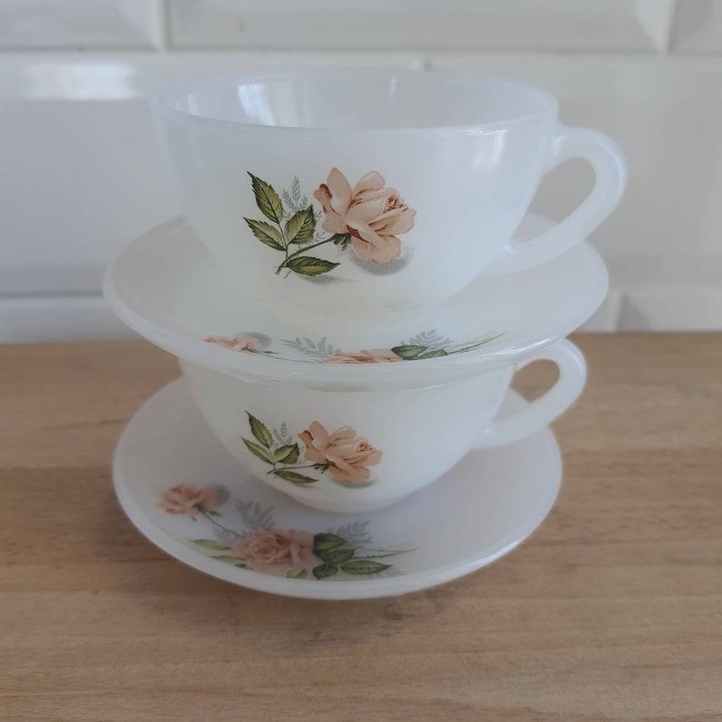 Vintage set of 2 arcopal france cups and saucers pink rose | Etsy