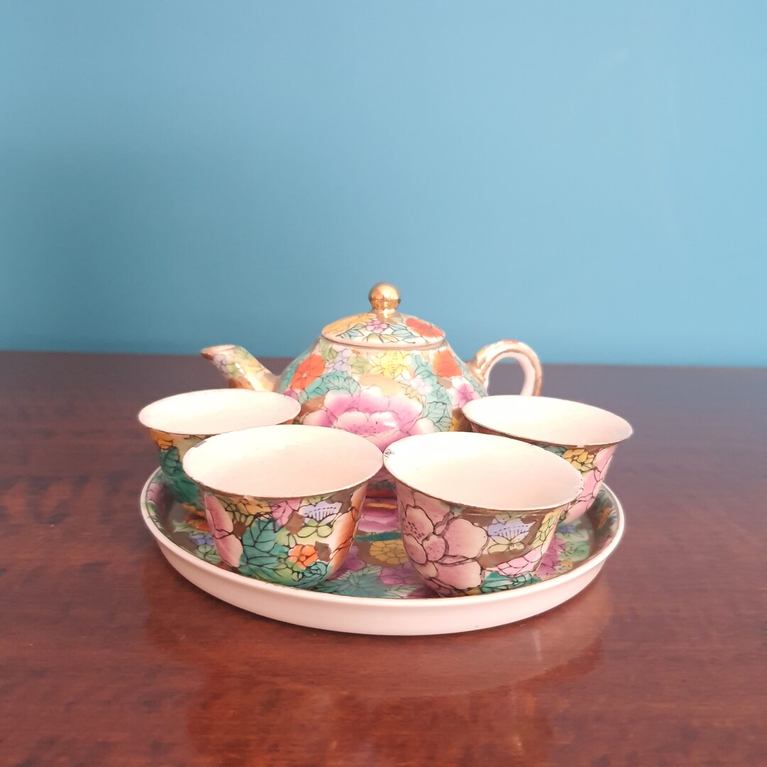Vintage Small Chinese Porcelain Tea Set Hand Painted Flowers and Gold ...