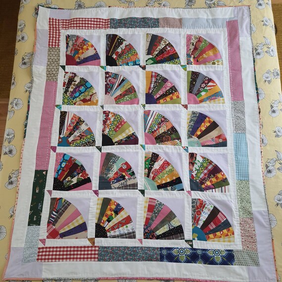 Handmade Patchwork Quilt With Fan Blocks Hand Quilted Cotton - Etsy