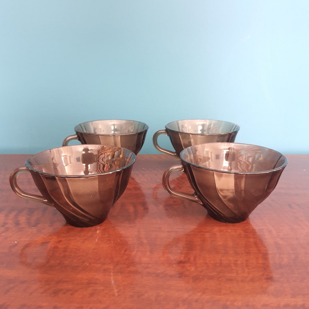 Vintage Set of 4 French Glass Tea Cups Swirl Vereco France Black Dark ...