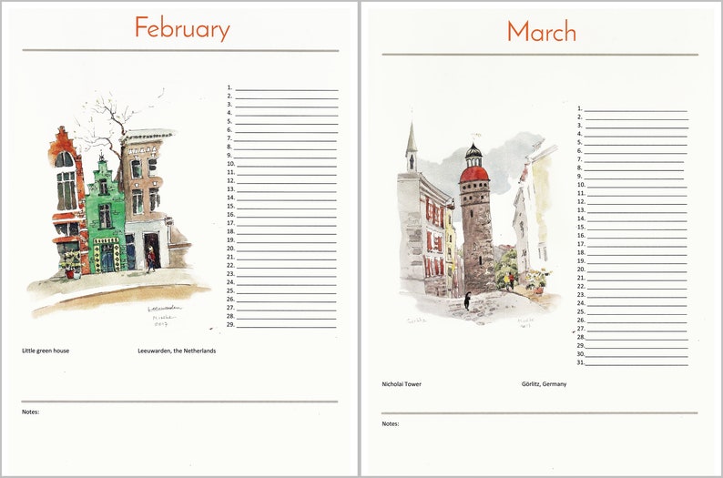 Watercolor Birthday Calendar, A4 Perpetual Calendar With Architectural ...