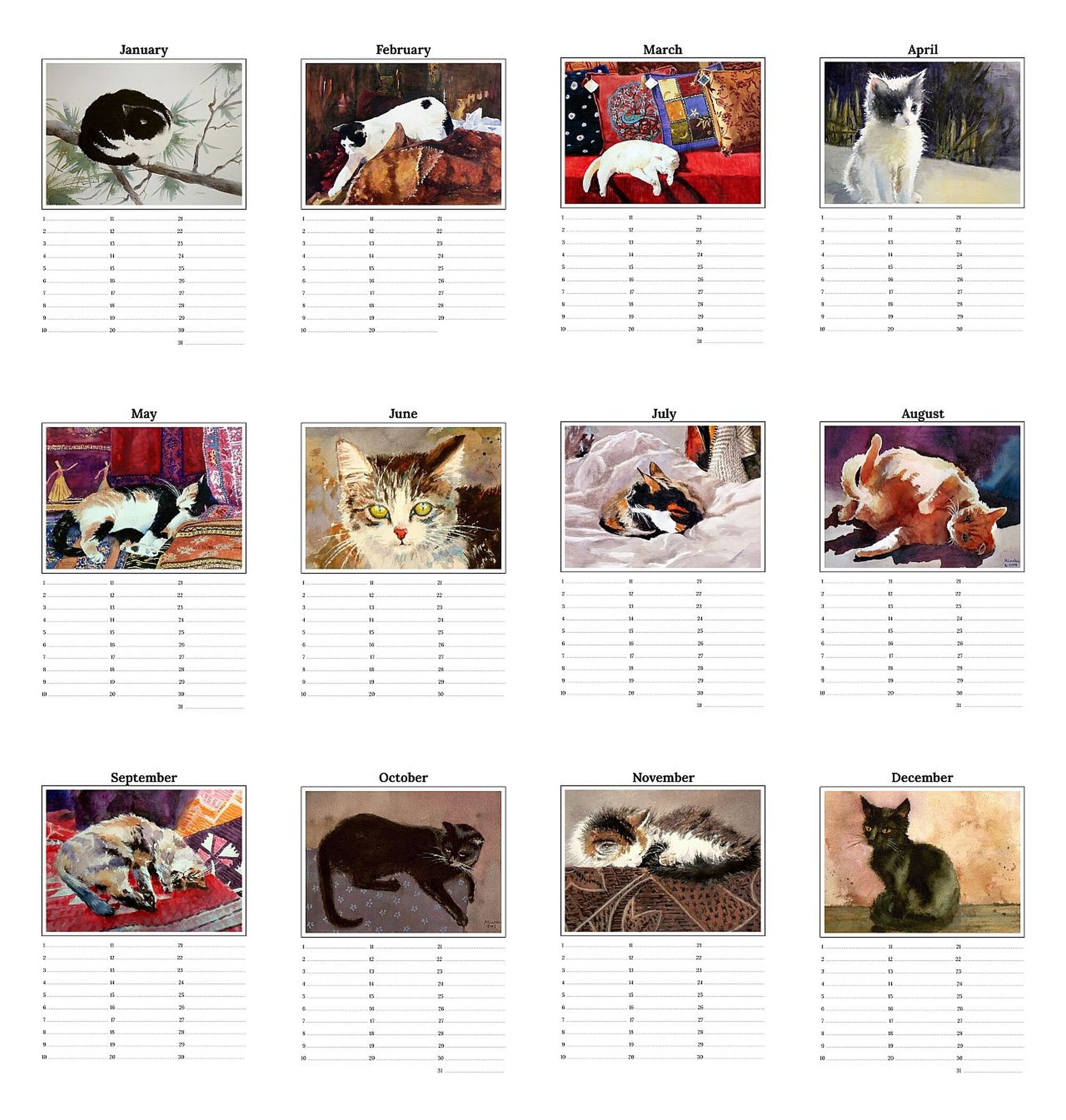 Watercolor Cats Birthday Calendar, Perpetual Calendar, Ilustrated Wall ...