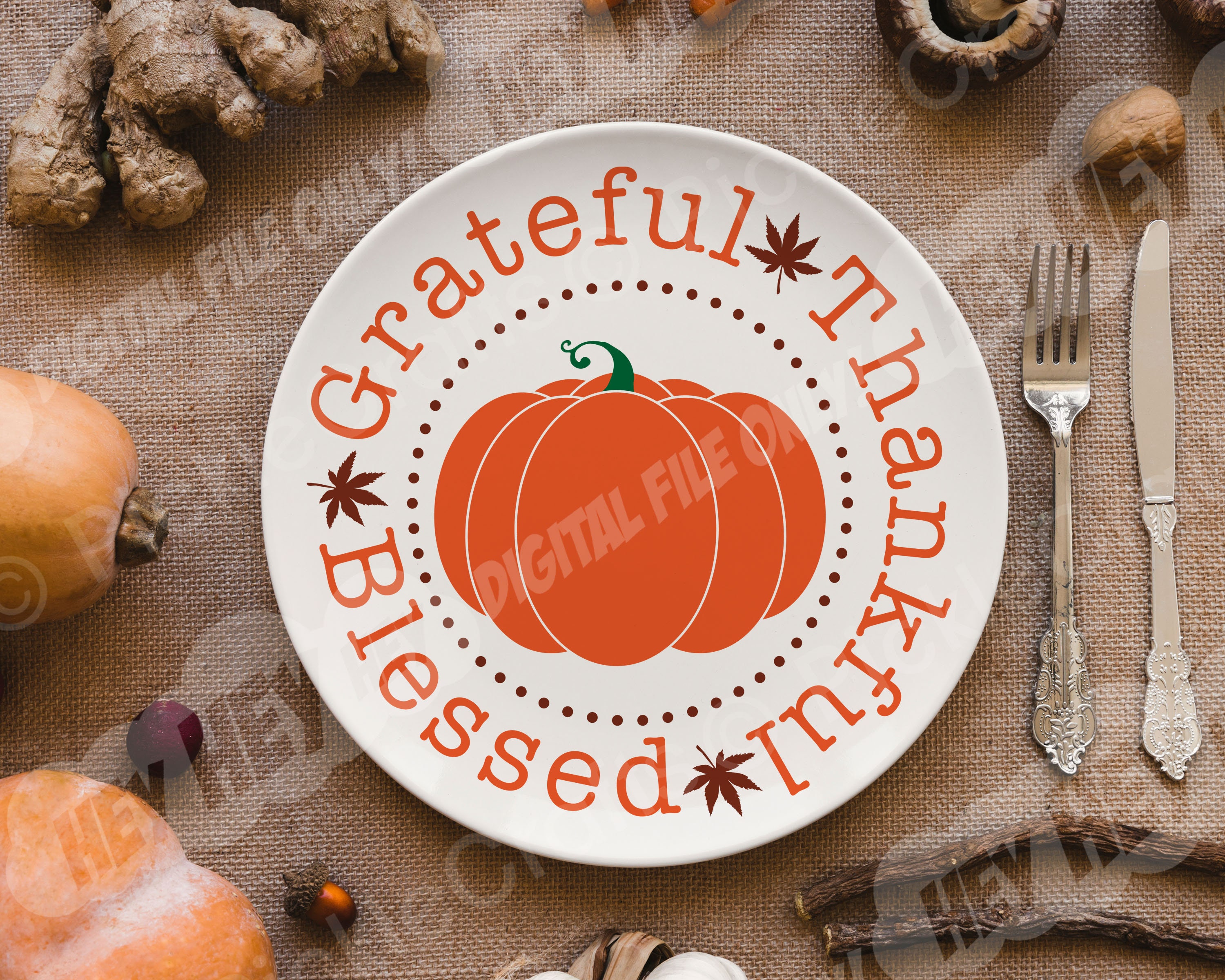 Thanksgiving Design Grateful Thankful Blessed Pumpkin Plate SVG PNG ...