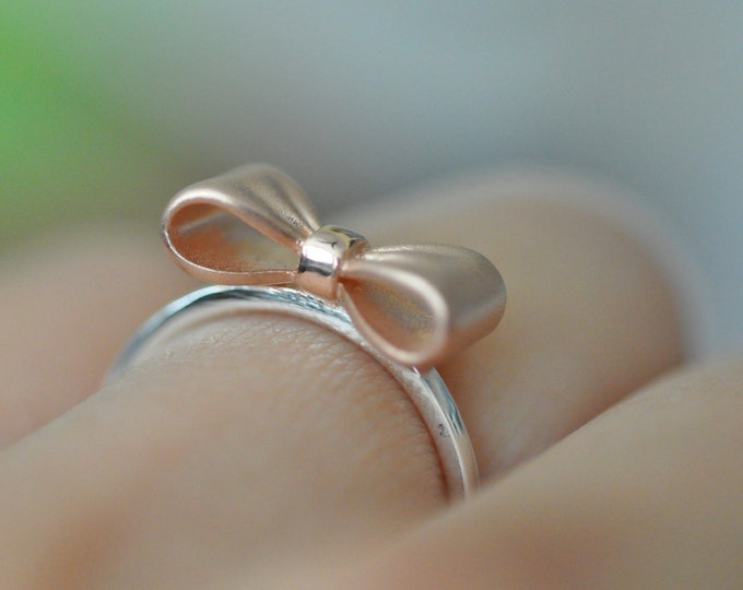 Sterling Silver Matte Rose Gold Two Tone Bow Ring, Sterling Silver Ring ...