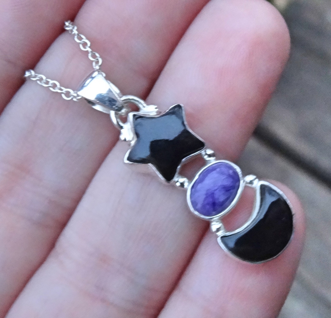 925 Star & Moon Purple Charoite, Black Onyx Halskette, Sterling Silber ...