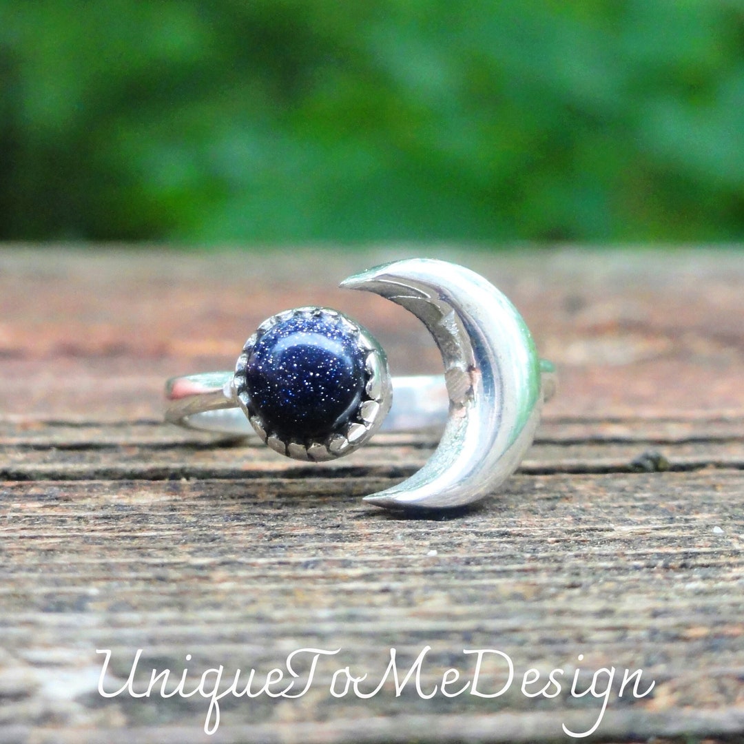 925 Crescent Moon Blue Goldstone Ring Size 5, Sterling Silver Blue Goldstone Moon Ring ...