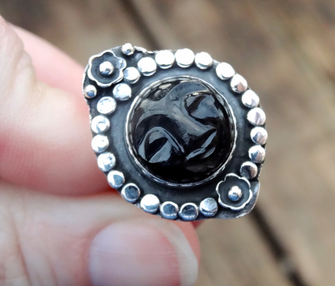 925 - Carved Face, Black Onyx Rings, Sterling Silver Black Onyx Carving ...