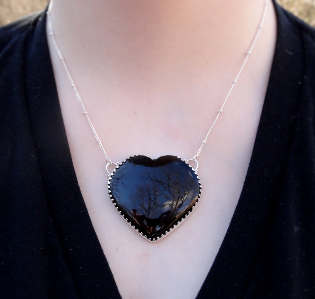 925 - Large Heart Black Onyx Statement Necklace, Sterling Silver Heart ...