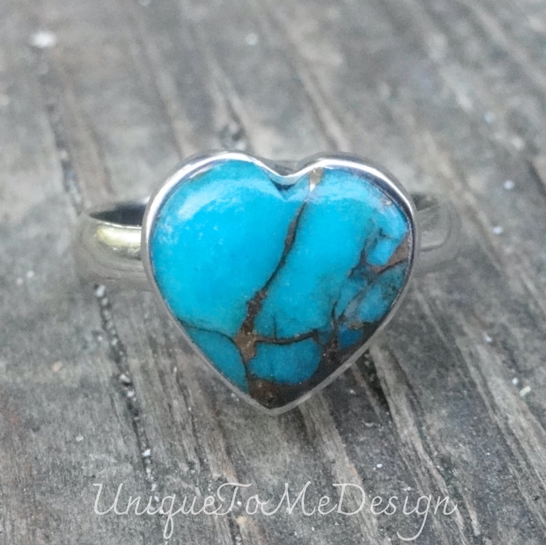 925 - Heart Blue Turquoise Stone Ring Size 10.5, Sterling Silver ...