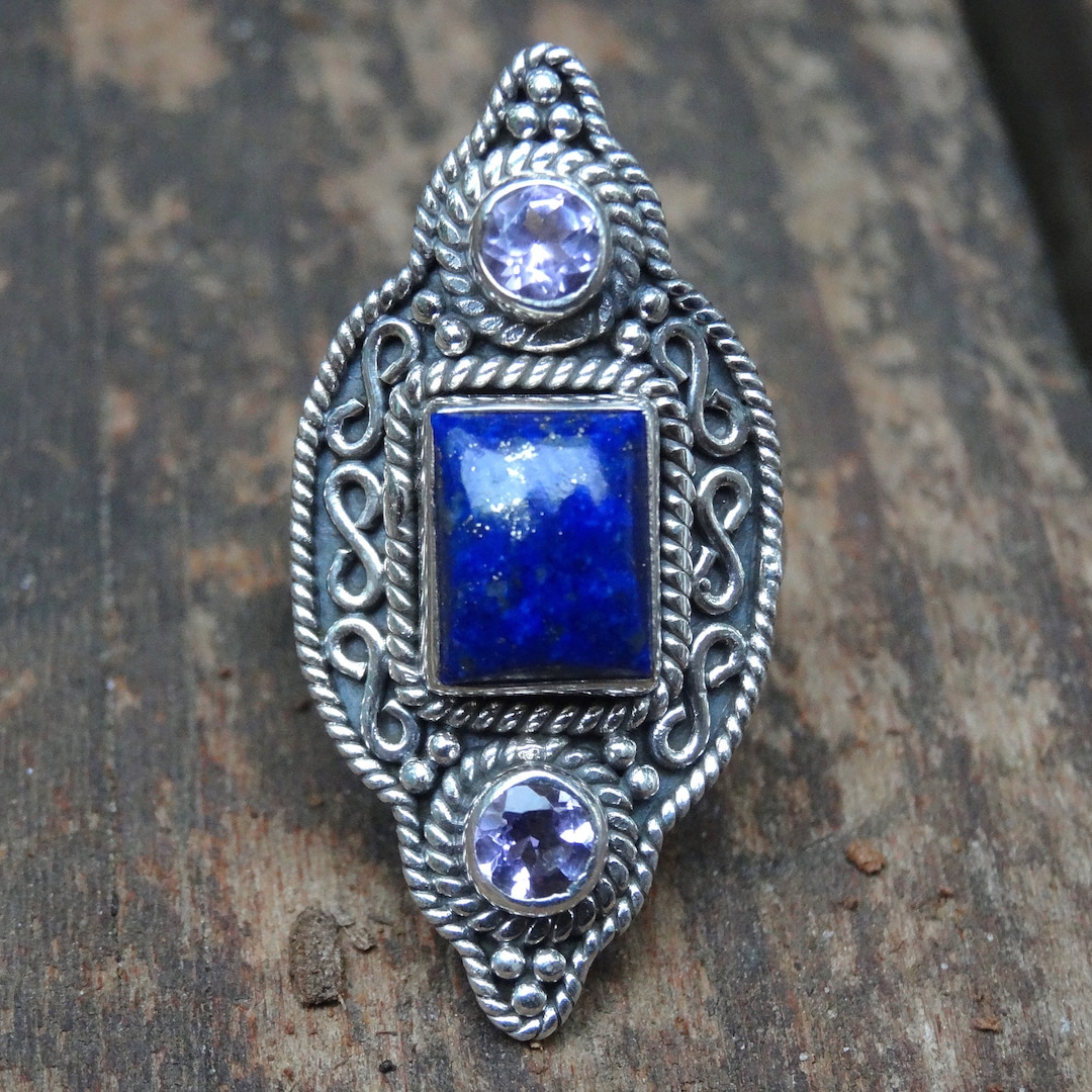 Statement 925 Lapis & Amethyst Ring Size 6.5, Sterling Silver Lapis ...