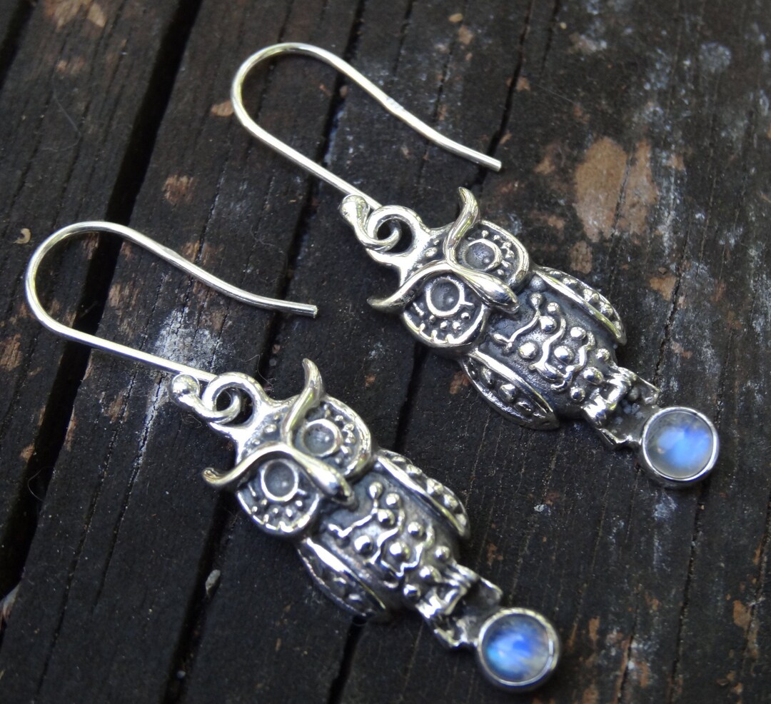 Owl Rainbow Moonstone Sterling Silver Earrings, Moonstone Dangle ...