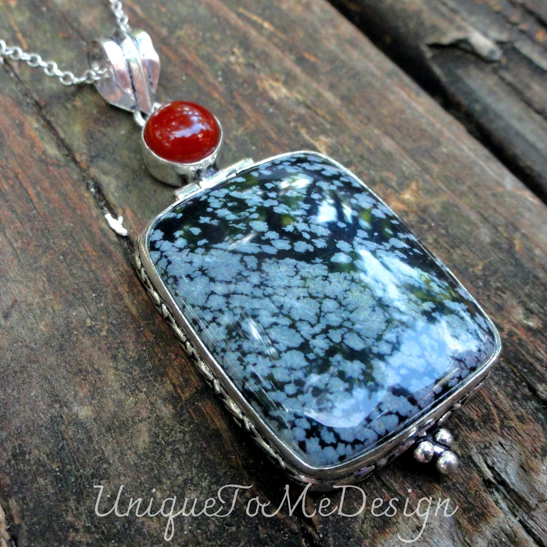 925 Carnelian & Snowflake Obsidian Necklace, Sterling Silver, Large ...