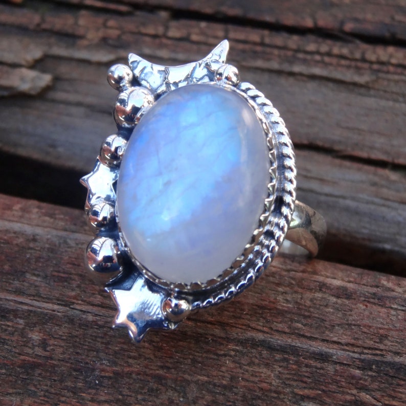 925 Moon Star Rainbow Moonstone Ring, Sterling Silver Natural Moonstone ...