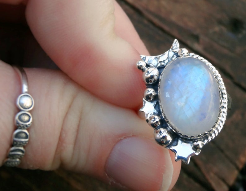 925 Moon Star Rainbow Moonstone Ring, Sterling Silver Natural Moonstone ...