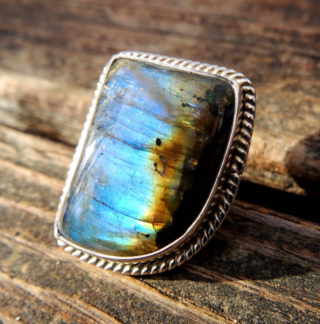 925 - Large Rainbow Labradorite Ring Size 8, Sterling Silver, Natural ...