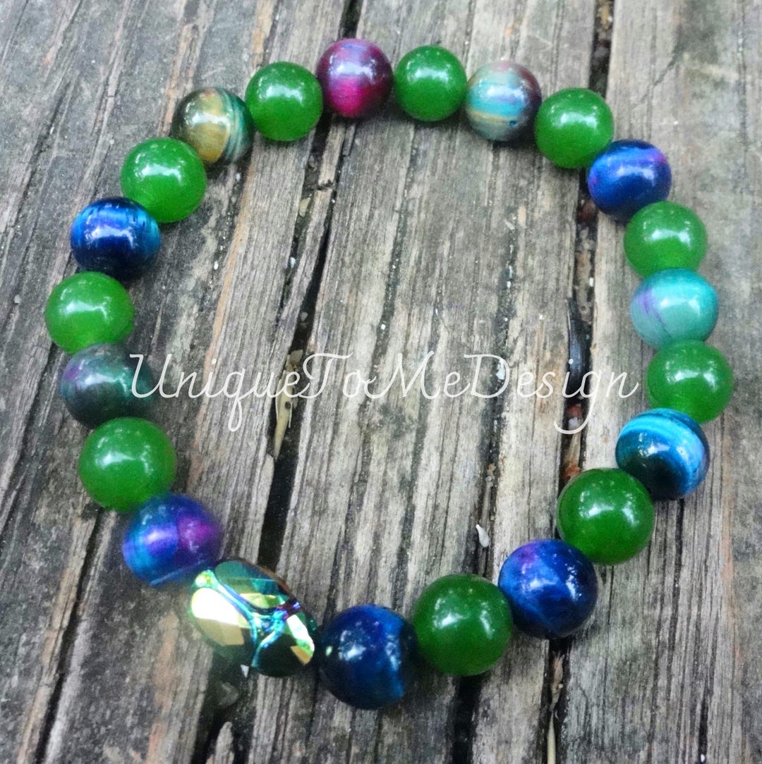 Stunning, Swarovski Scarab Beetle Green Jade Galaxy Tigers Eye Bracelet ...