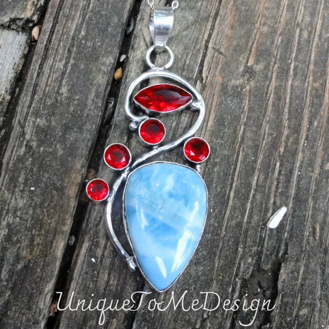 925 - Blue Larimar With Red Garnet Necklace, Sterling Silver, Natural ...