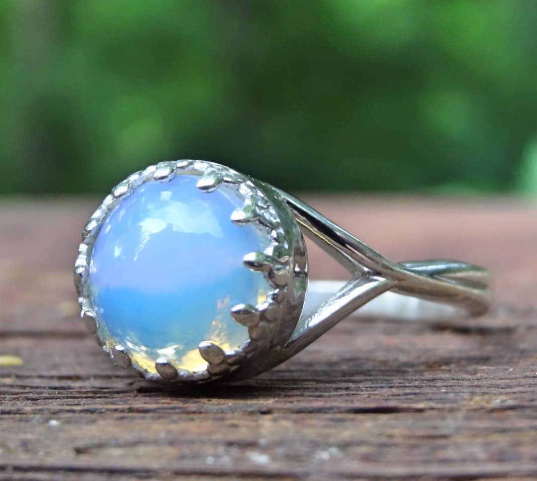 925 - Opalite Crown Ring, Sterling Silver, Opalite Stone, White Rainbow ...