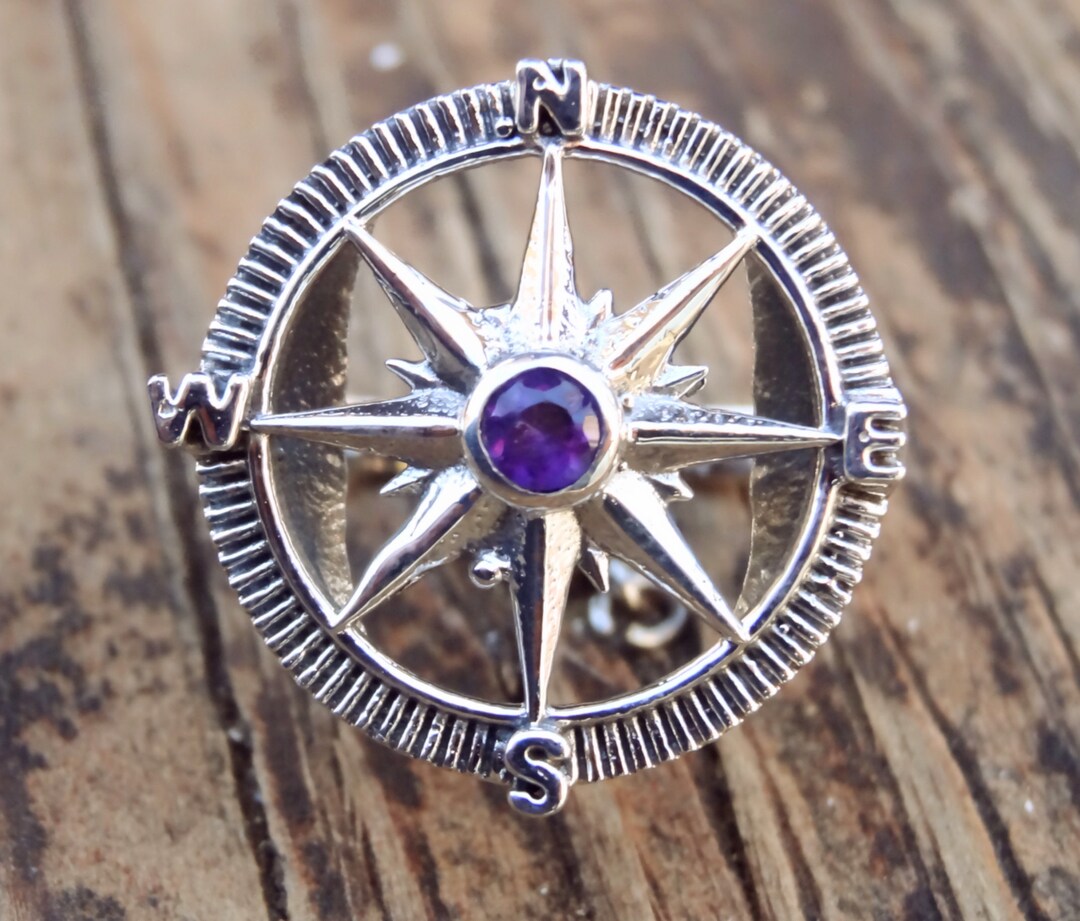 Handgemachte Sterling Silber Kompass Ring: Lila Amethyst Edelstein ...