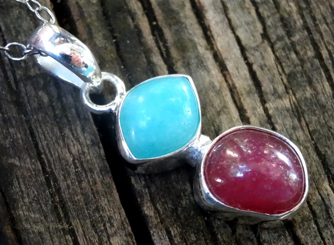 925 - Pink Ruby & Amazonite Necklace, Sterling Silver, Natural Stone ...
