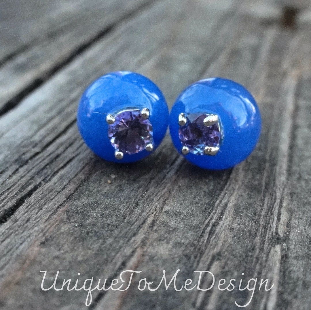 925 12ctw Genuine Blue Jade & Natural Tanzanite Stud Earrings, Sterling ...