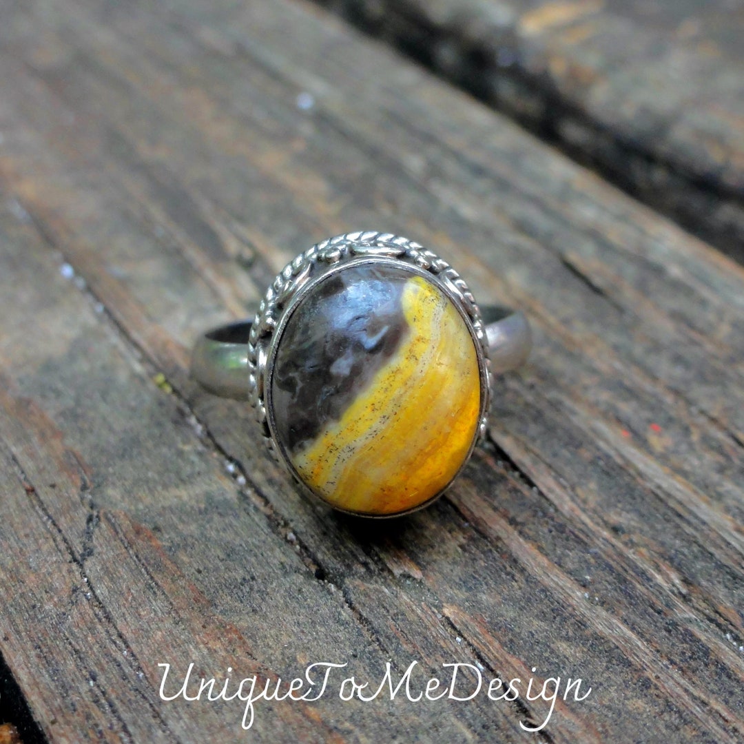 925 Natural Bumble Bee Jasper Statement Ring Size 7, Sterling Silver ...