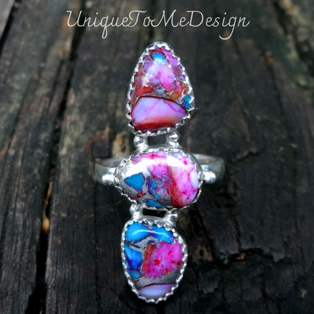 925 - Pink Spiny Oyster in Blue Turquoise Ring Size 6.5, Sterling ...