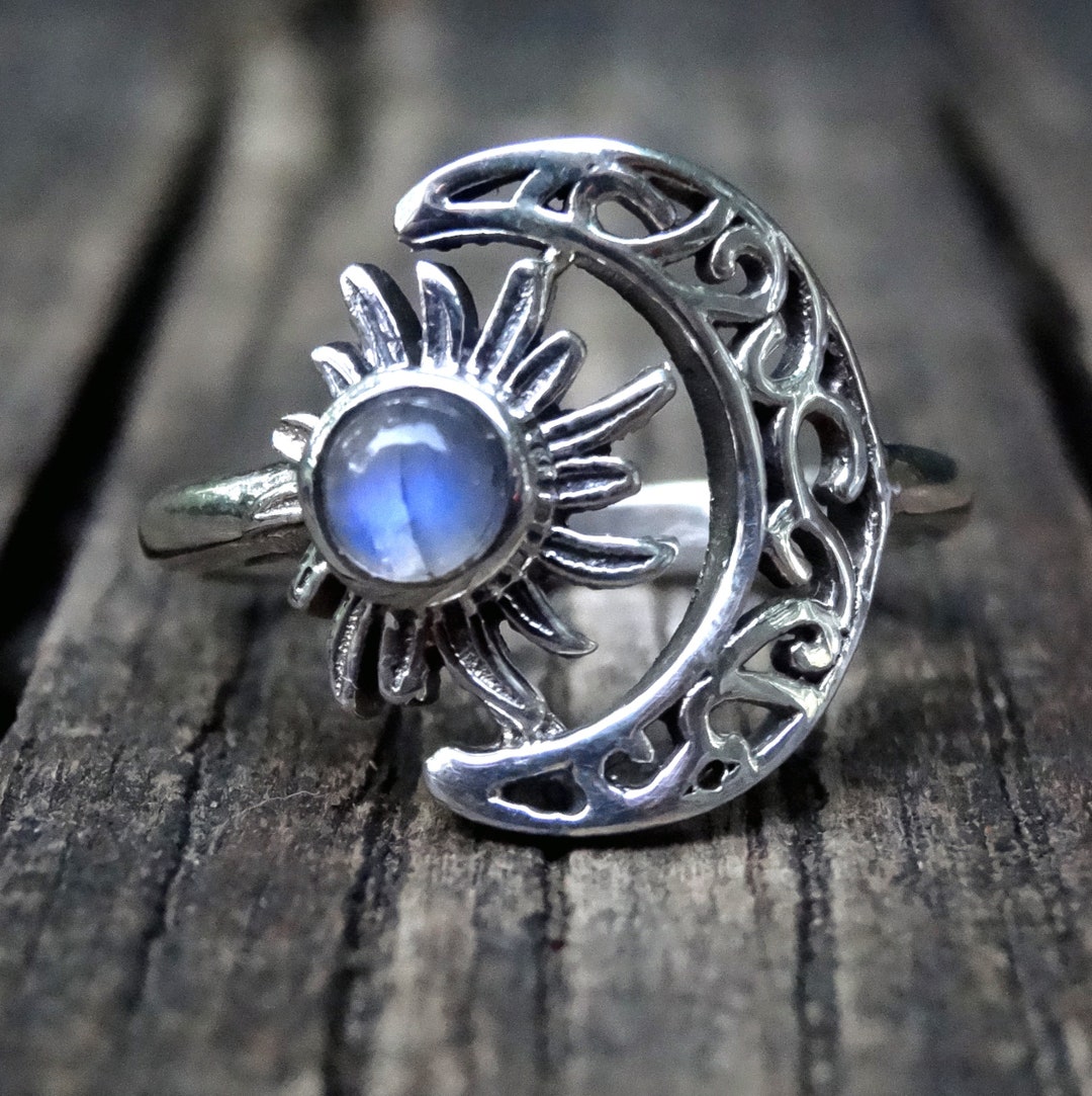 925 - Large Rainbow Moonstone Ring Size 6.5, Sterling Silver, Sun & Moon Ring, Moonstone ...