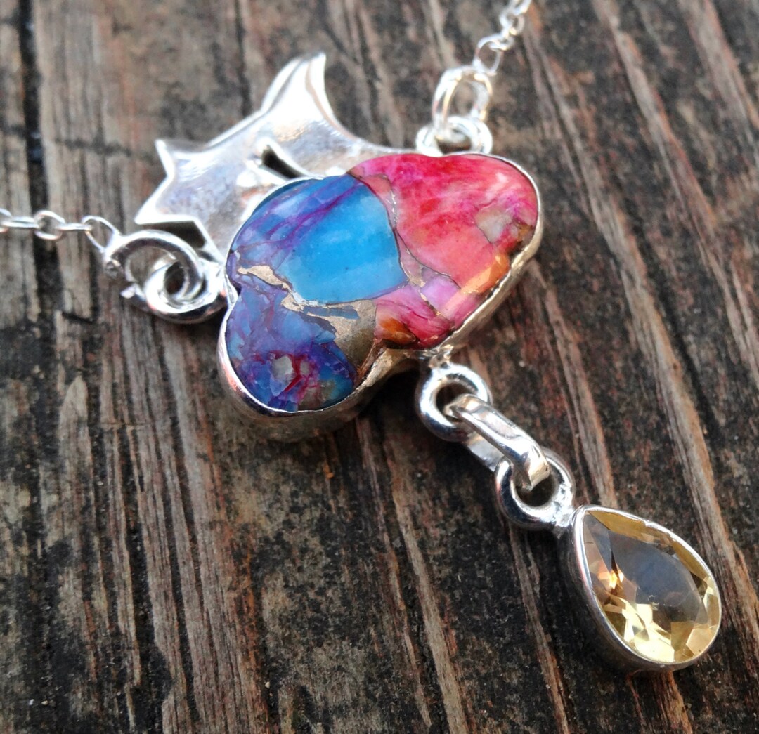 925 Pink Spiny Oyster Turquoise & Citrine Rain Cloud Necklace, Sterling ...