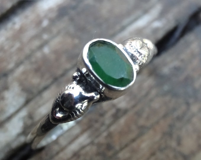 Raw Emerald Sterling Silver Ring, Natural Green Emerald Dainty Botanical Ring, 925 Silver ...