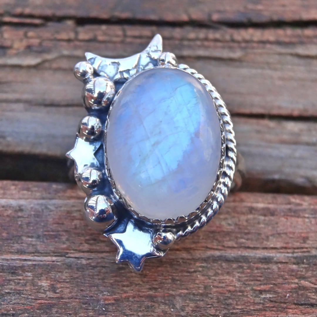 925 Moon Star Rainbow Moonstone Ring, Sterling Silver Natural Moonstone ...