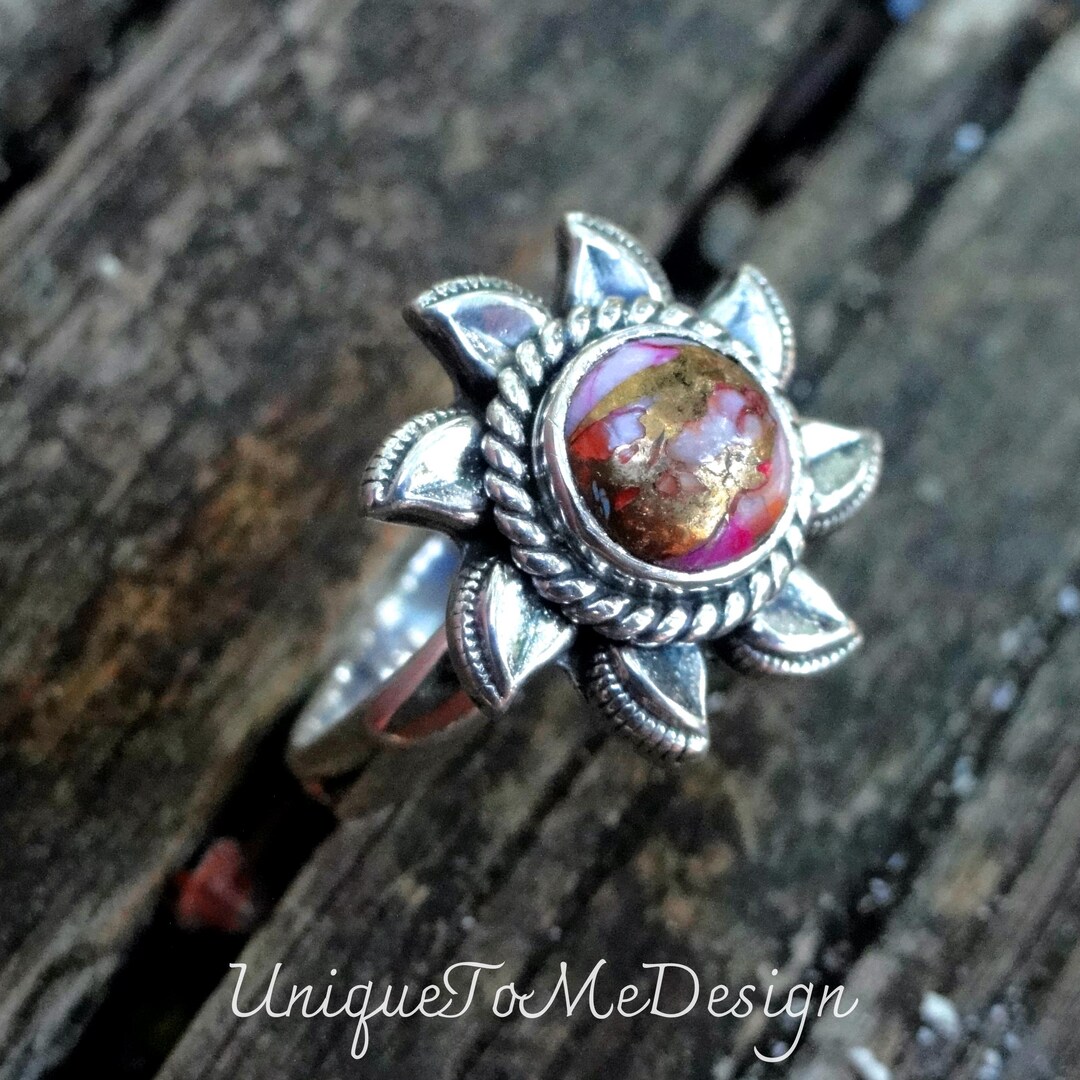 925 - Pink Spiny Oyster in Turquoise SUN Ring Size 7 , Sterling Silver ...