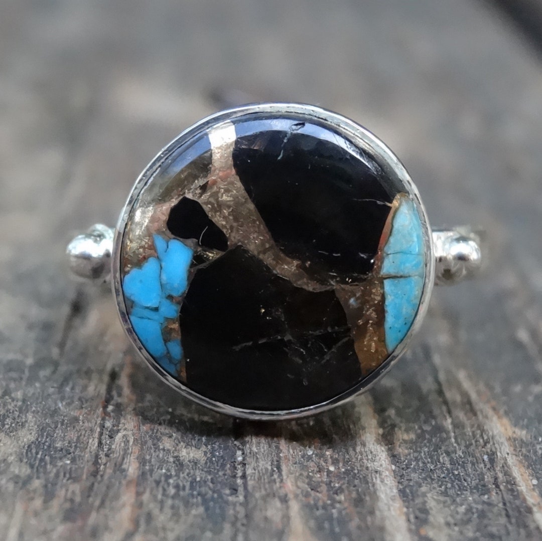 925 - Shell in Black & Blue Turquoise Ring Size 8, Sterling Silver ...