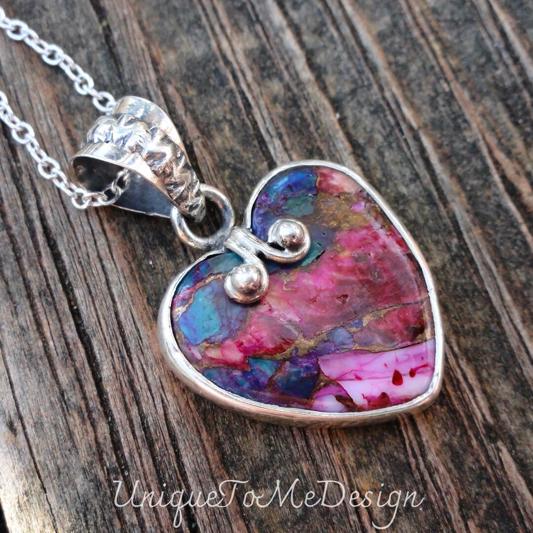925 - Heart Pink Spiny Oyster & Blue Turquoise Necklace, Sterling ...