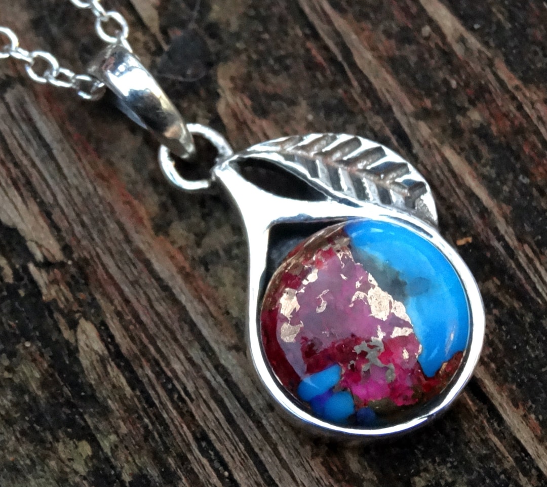 925 - Dainty Pink Spiny Oyster in Blue Turquoise Necklace, Sterling ...