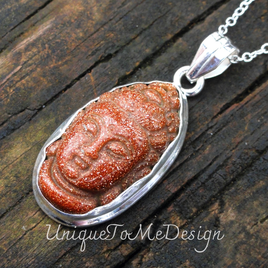 925 - HUGE Buddha Goldstone Necklace, Sterling Silver, Sparkling Stone ...