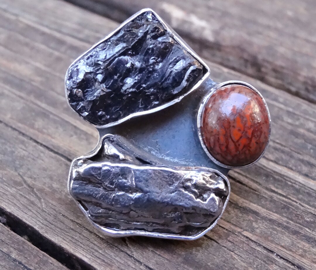 925 - HUGE Meteorite, Shungite, Dinosaur Bone Ring Size 8, Sterling ...
