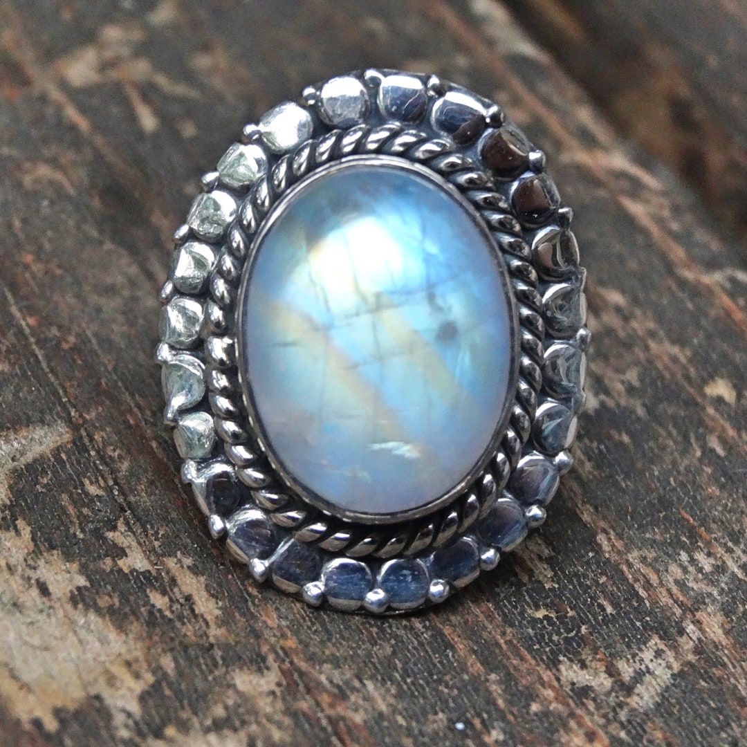 925 Large Rainbow Moonstone Sterling Silver Ring Size 6, Silver Rainbow ...