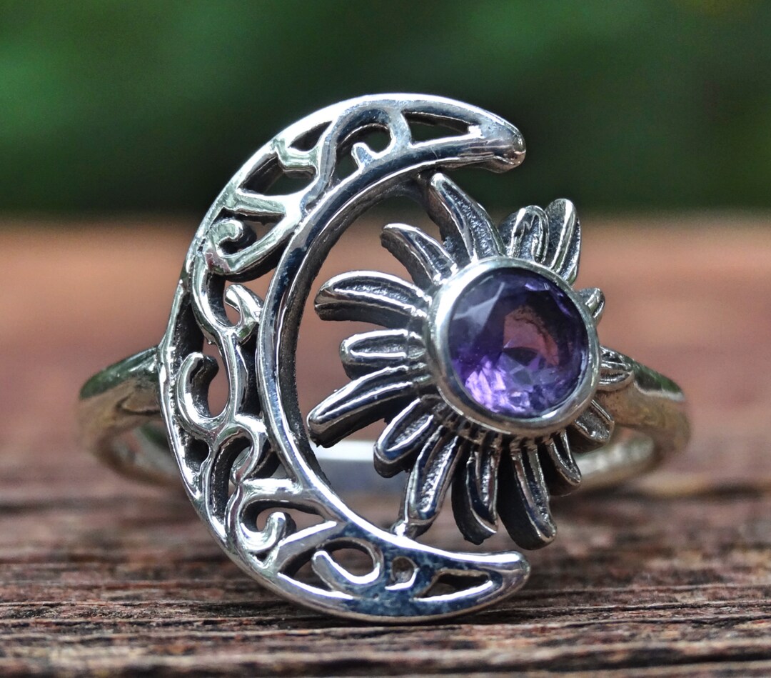 925 - Purple Amethyst Moon Ring Size 6.5, Sterling Silver, Sun & Moon ...