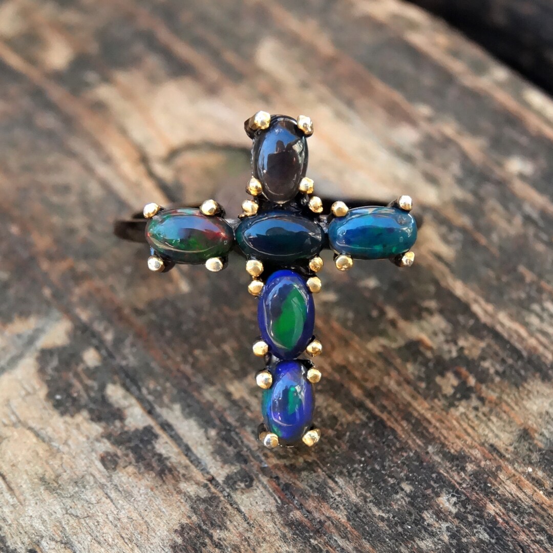 925 - AAA Black Opal Cross Ring Size 7, Sterling Silver, 14k Gold ...