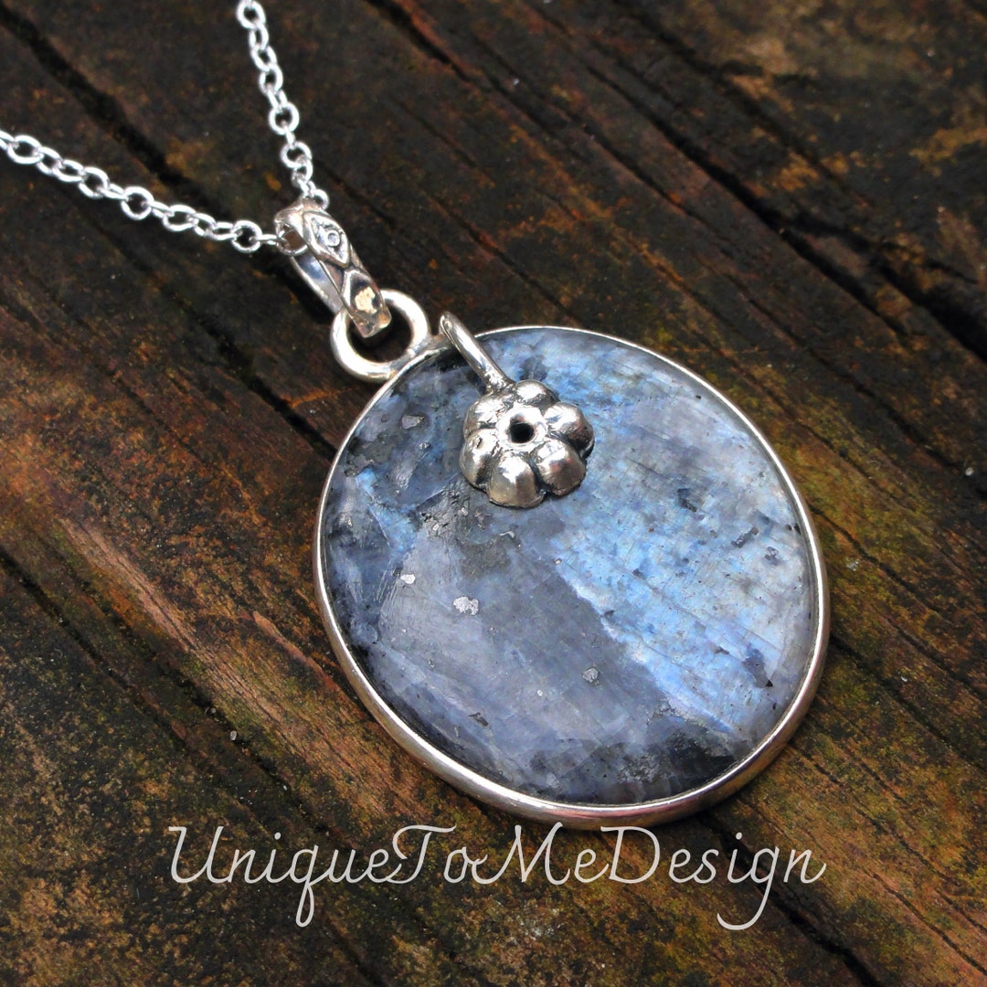 925 - Black Moonstone Larvikite Necklace, Sterling Silver, Natural ...