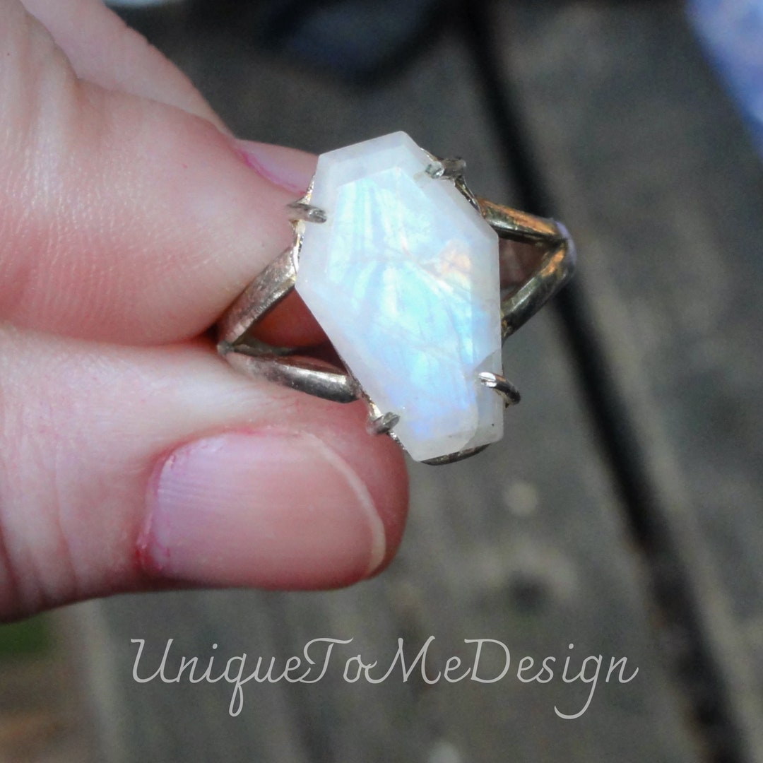 925 - Rainbow Moonstone Coffin Ring Size 8.5, Sterling Silver, Natural ...