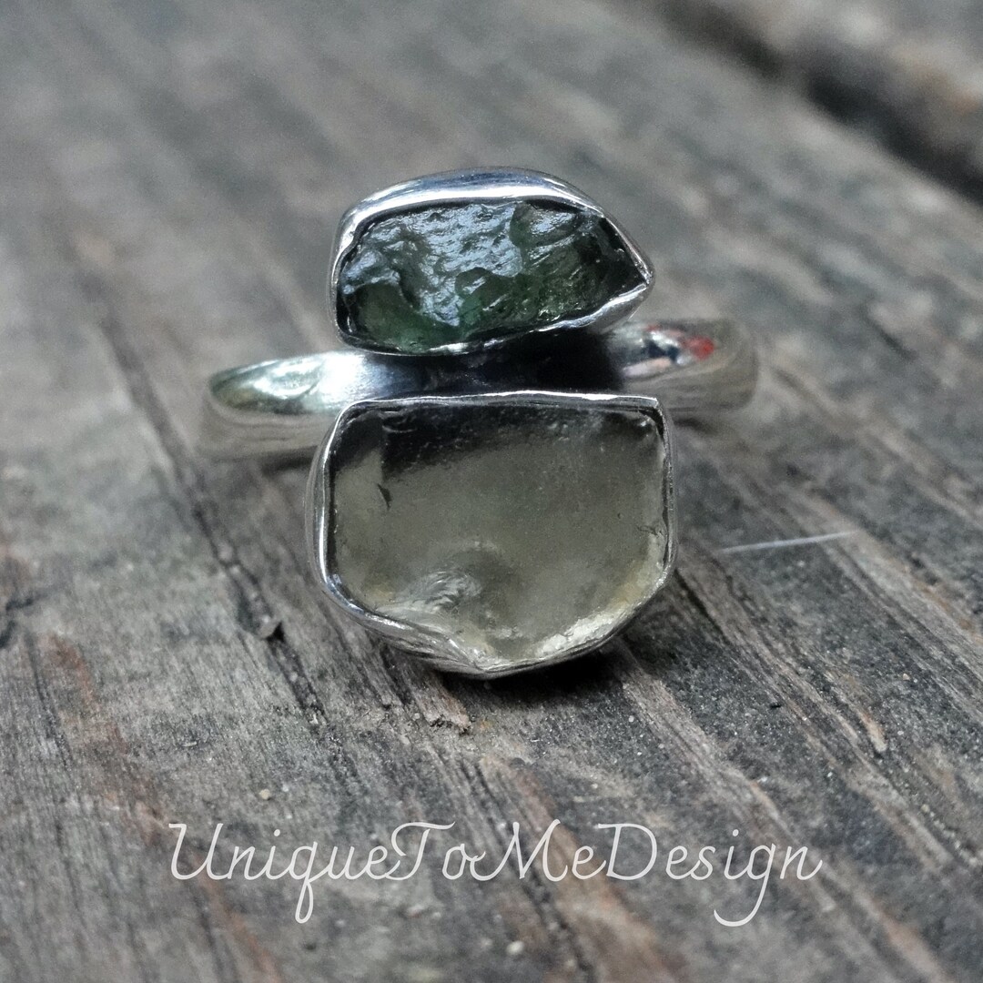 925 - Raw Moldavite & Libyan Desert Glass Ring Size 8, Sterling Silver ...