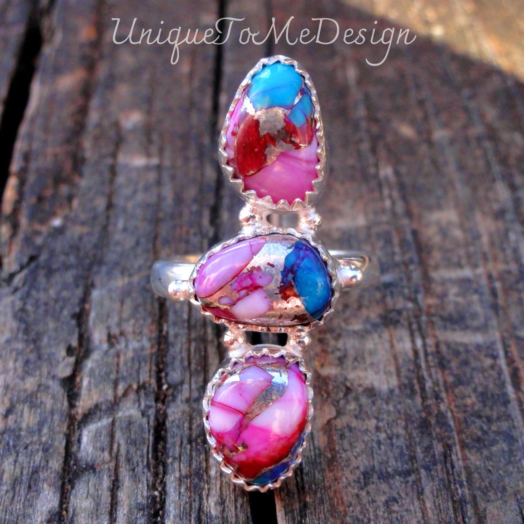925 - Pink Spiny Oyster in Blue Turquoise Ring Size 7, Sterling Silver ...