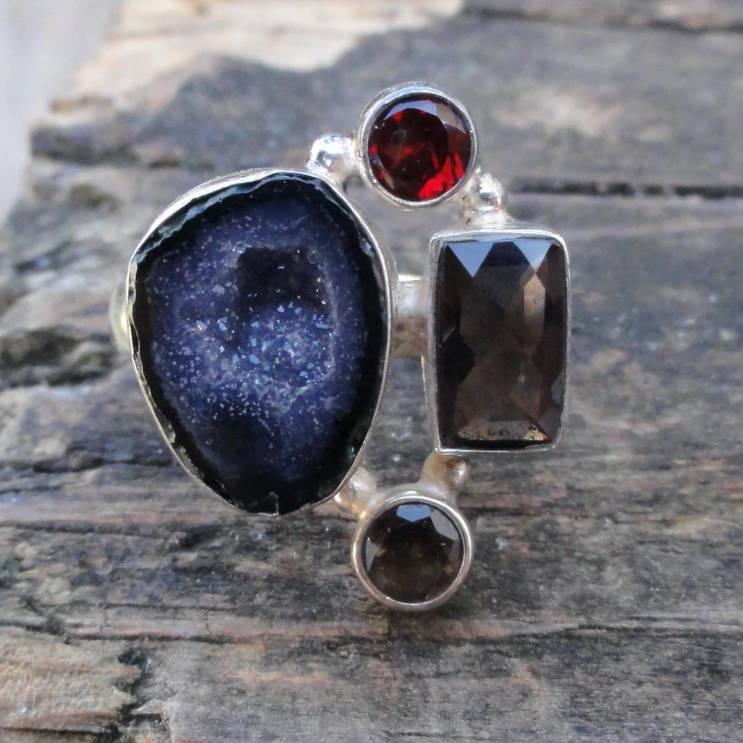 925 - Large, Multi Stone, Geode Druzy, Red Garnet, and Brown Smoky ...