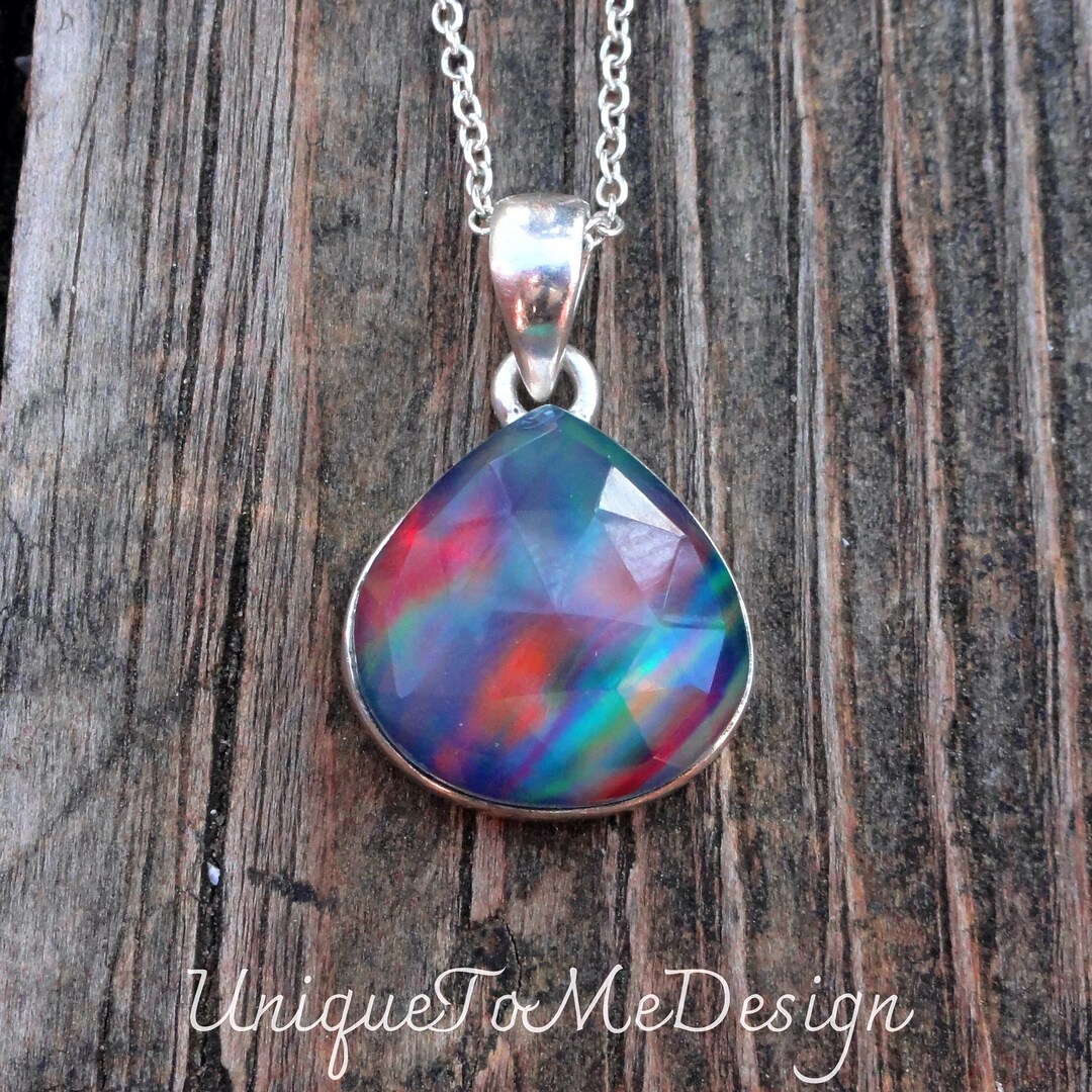 925 - Aurora Opal Necklace, Sterling Silver Rainbow Faceted Aurora Opal Pendant, Nova Opal ...
