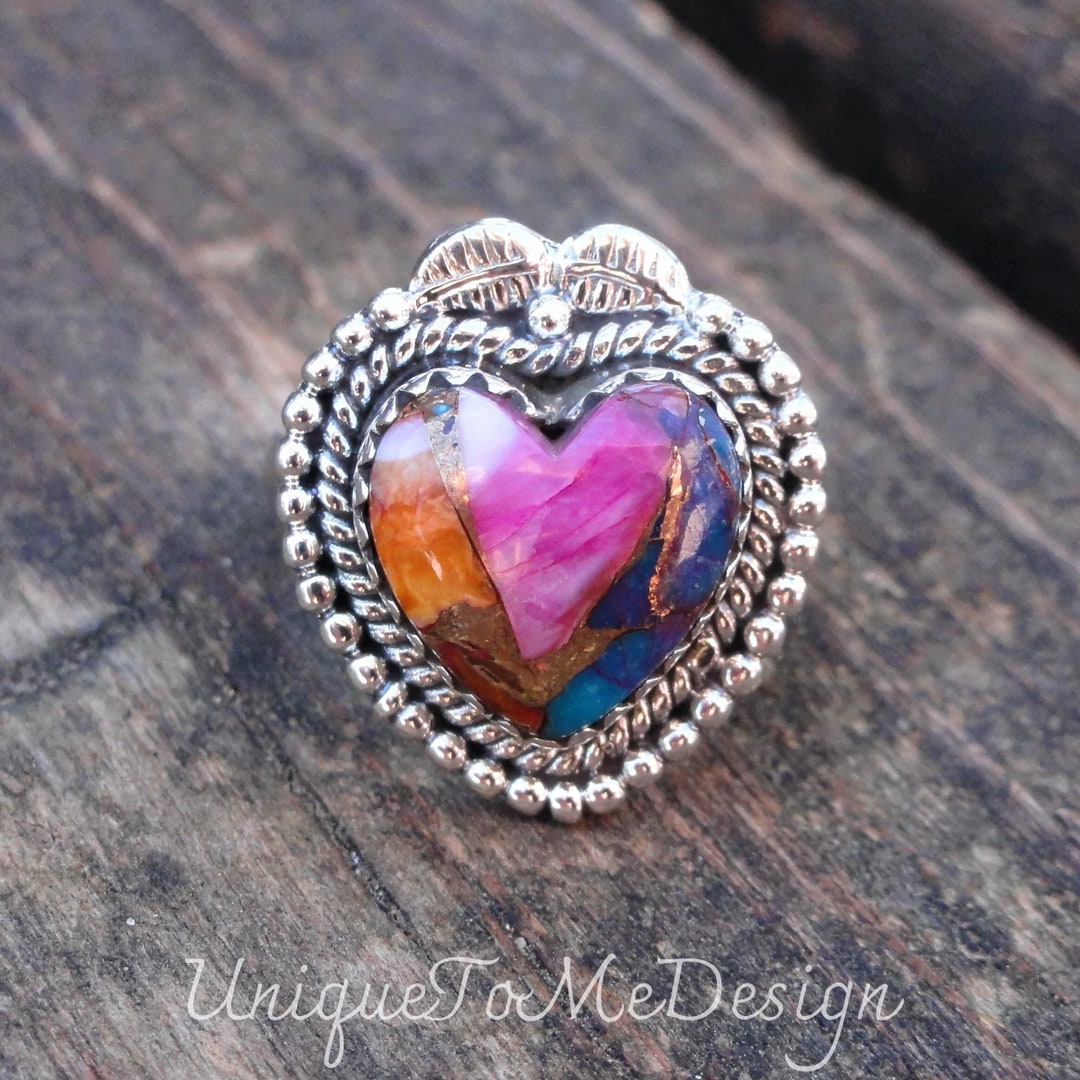 925 Pink Spiny Oyster in Turquoise Ring Size 7.5, Sterling Silver ...